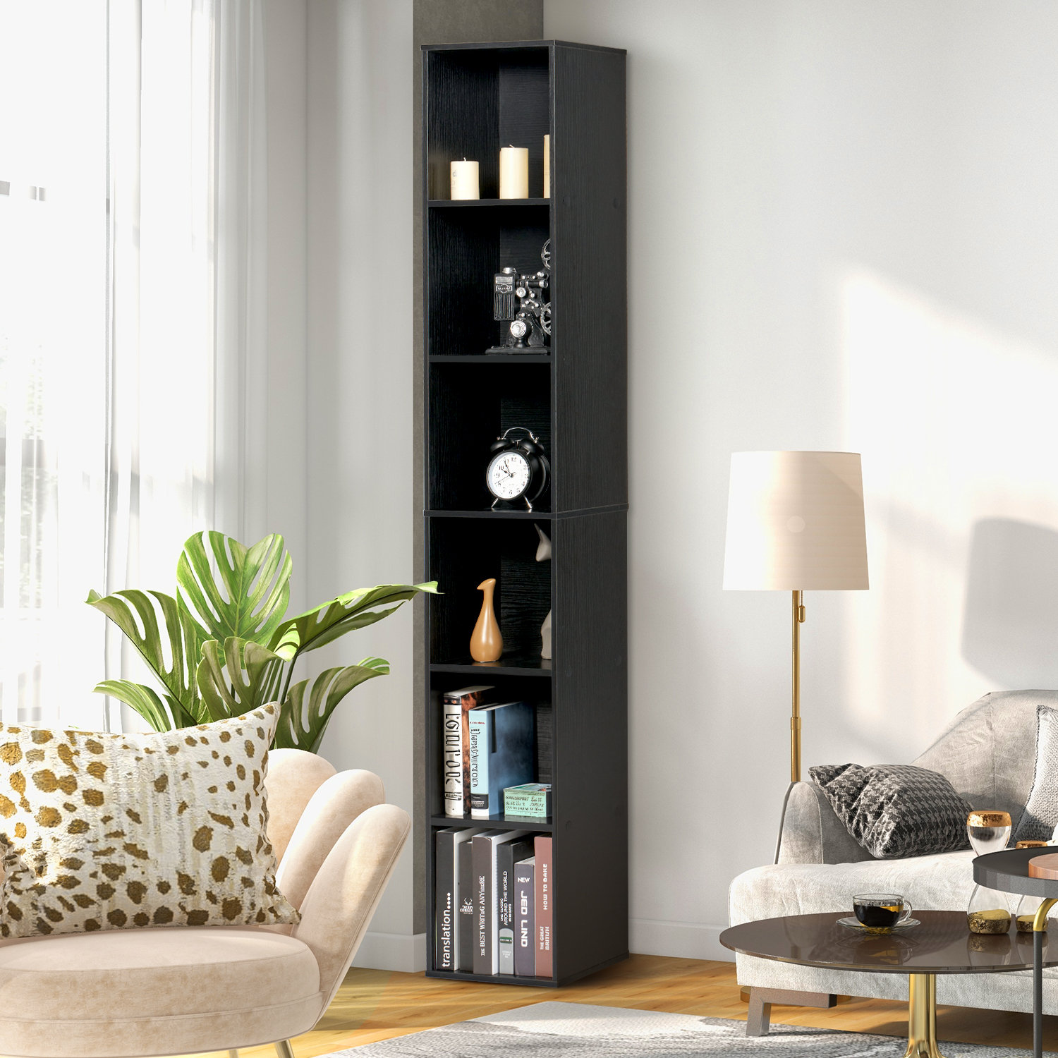 Ebern Designs 6 Tiers Narrow Corner Bookshelf, Cube Bookcase with ...