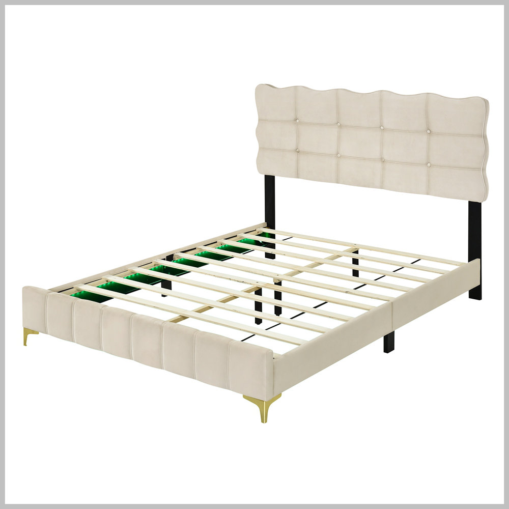 Mercer41 Modern Velvet Platform Bed with LED Frame and Stylish Mental ...