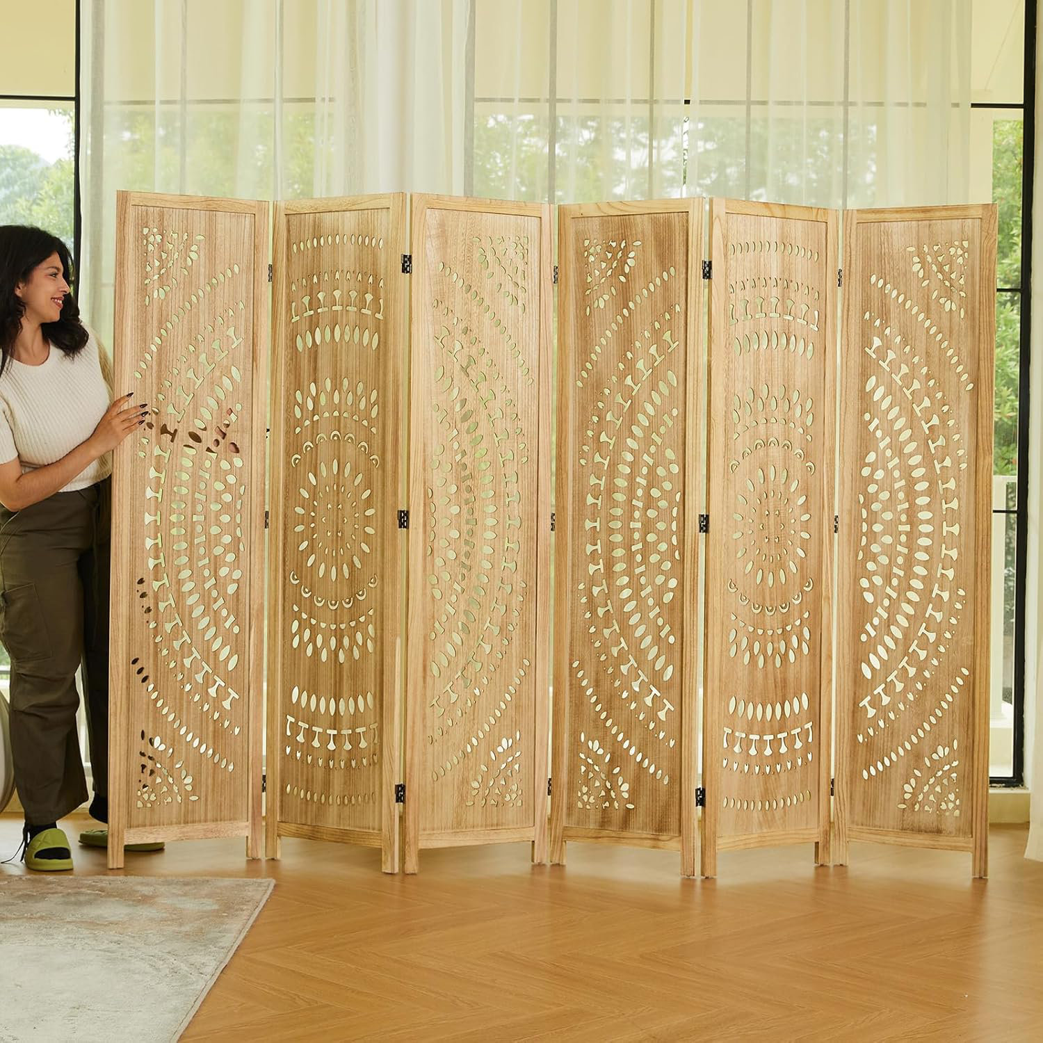 Bungalow Rose Room Divider Wood Carved Wall Divider Indoor Folding ...