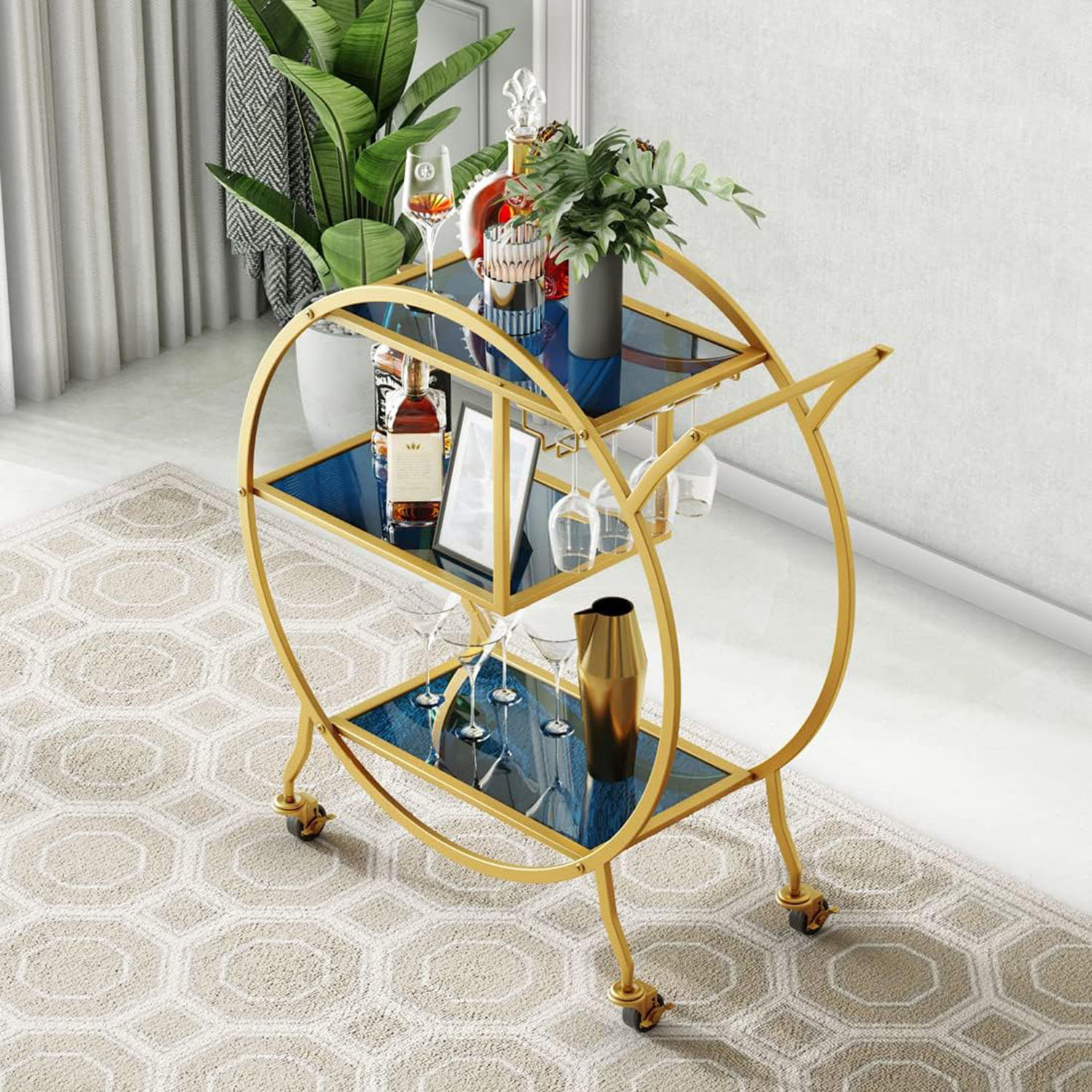 Everly Quinn Cart With Glass Holder And Wheels, Metal Handle Round Bar ...