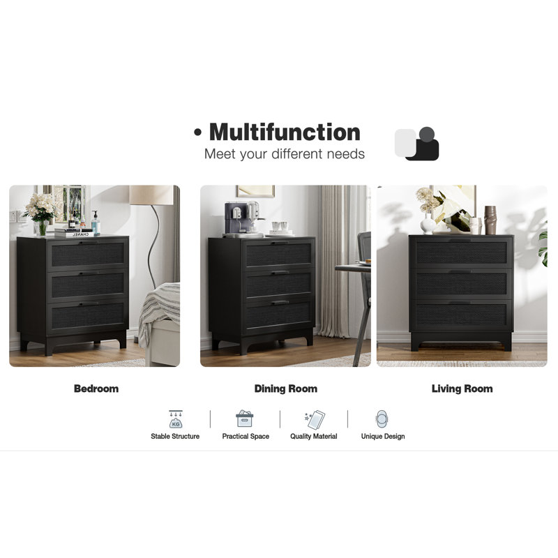 Ebern Designs Paison 35" H Black Rattan Dresser, Farmhouse 3 Drawer ...