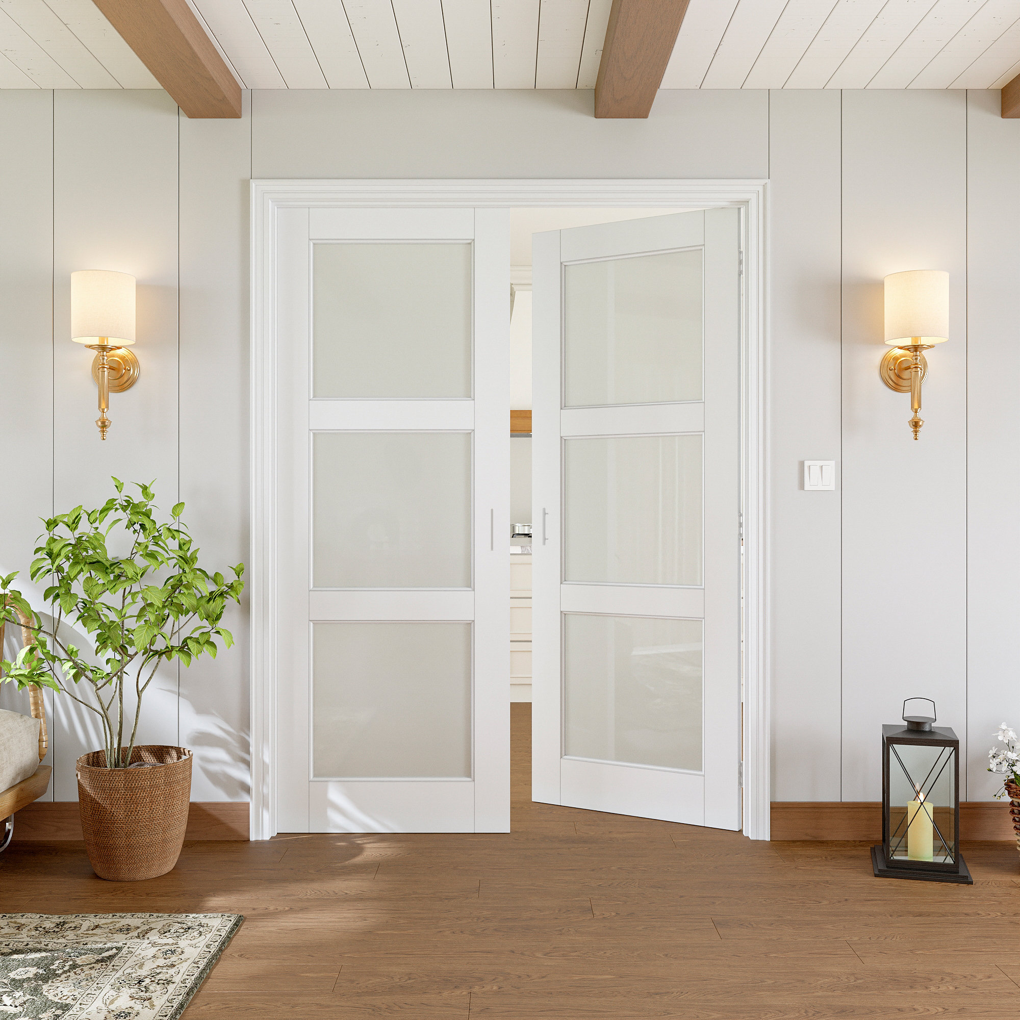 HOZONE Interior 3-Lite French Door White Primer Frosted Solid Core With ...
