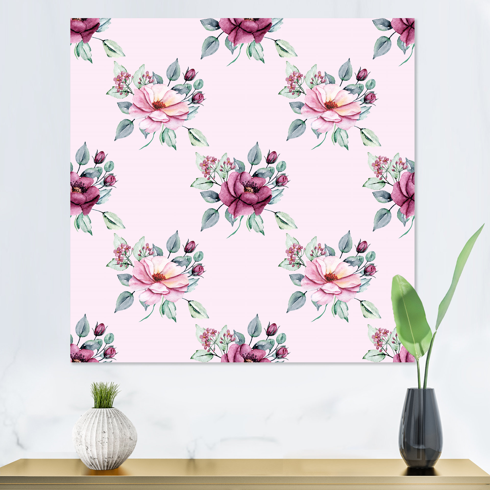East Urban Home Pink And Red Spring Flowers On Pink - Patterned Canvas ...