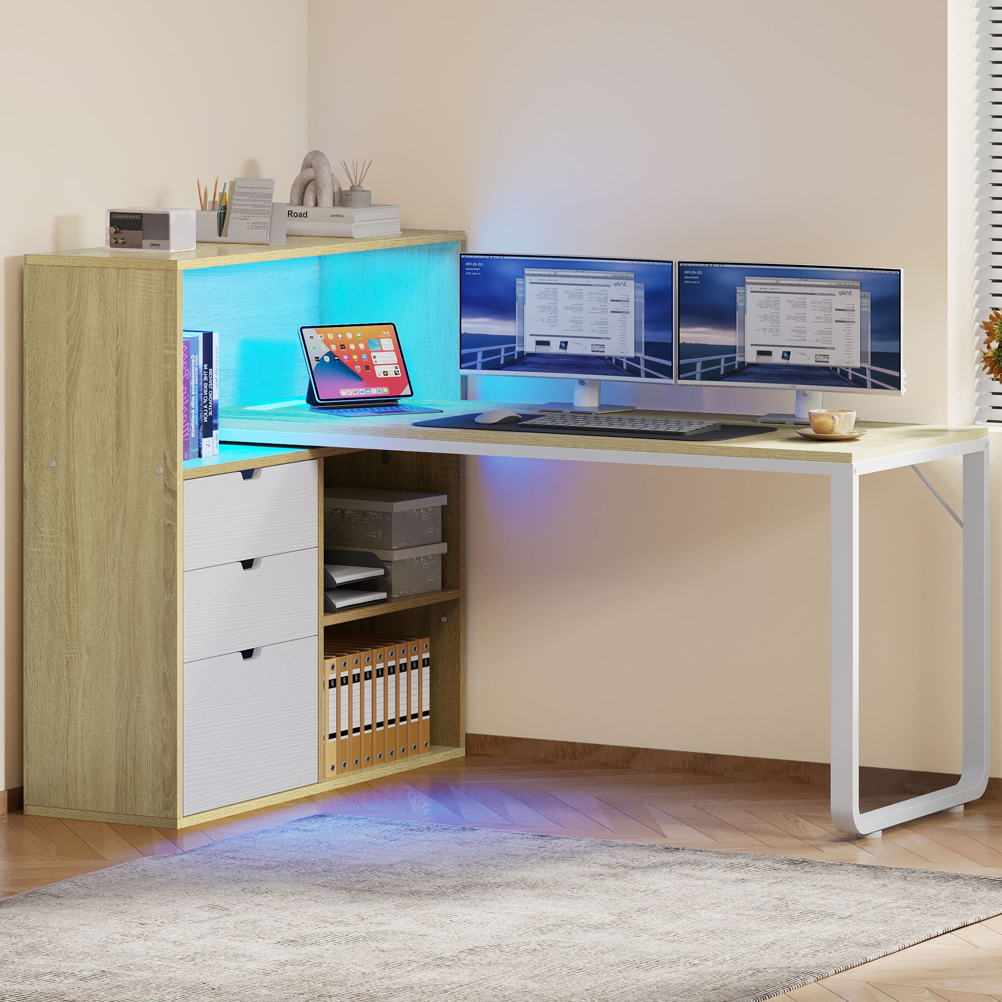 Wrought Studio L Shaped Desk With Power Outlets & LED Lights, 55.9 ...