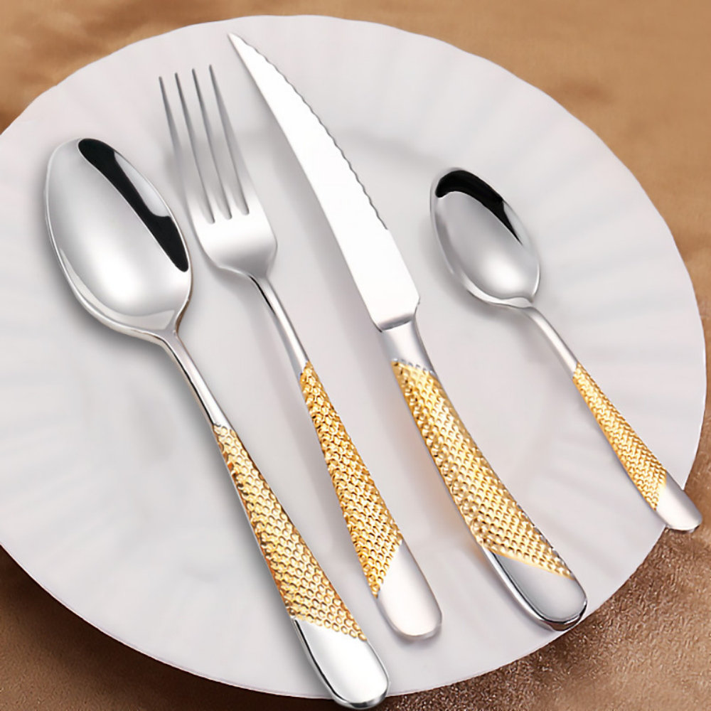 Ivy Bronx 16 Piece Hammered Silver Gold Silverware Set, Stainless Steel ...