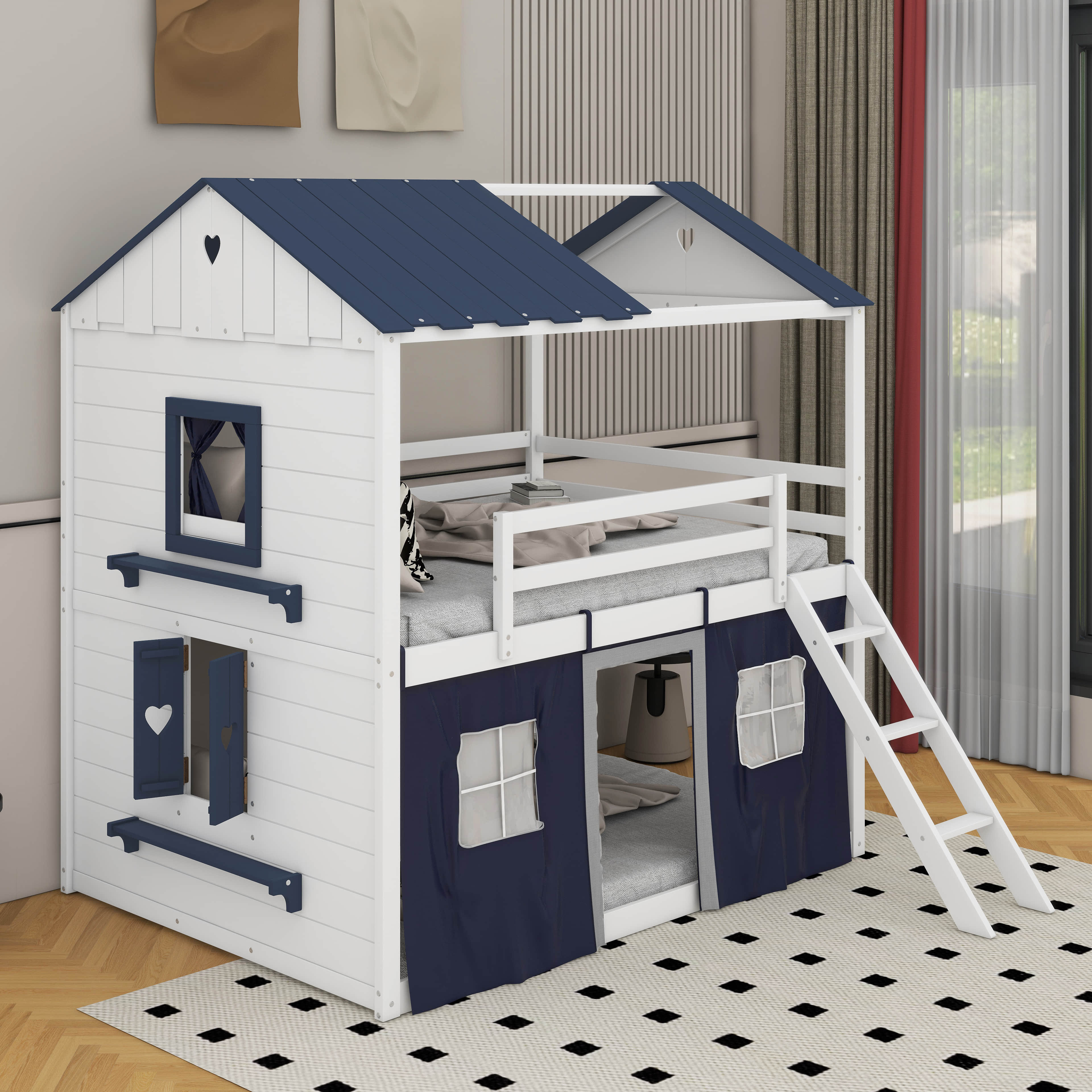 Harper Orchard Full Bunk Wood House Bed With Elegant Windows | Wayfair