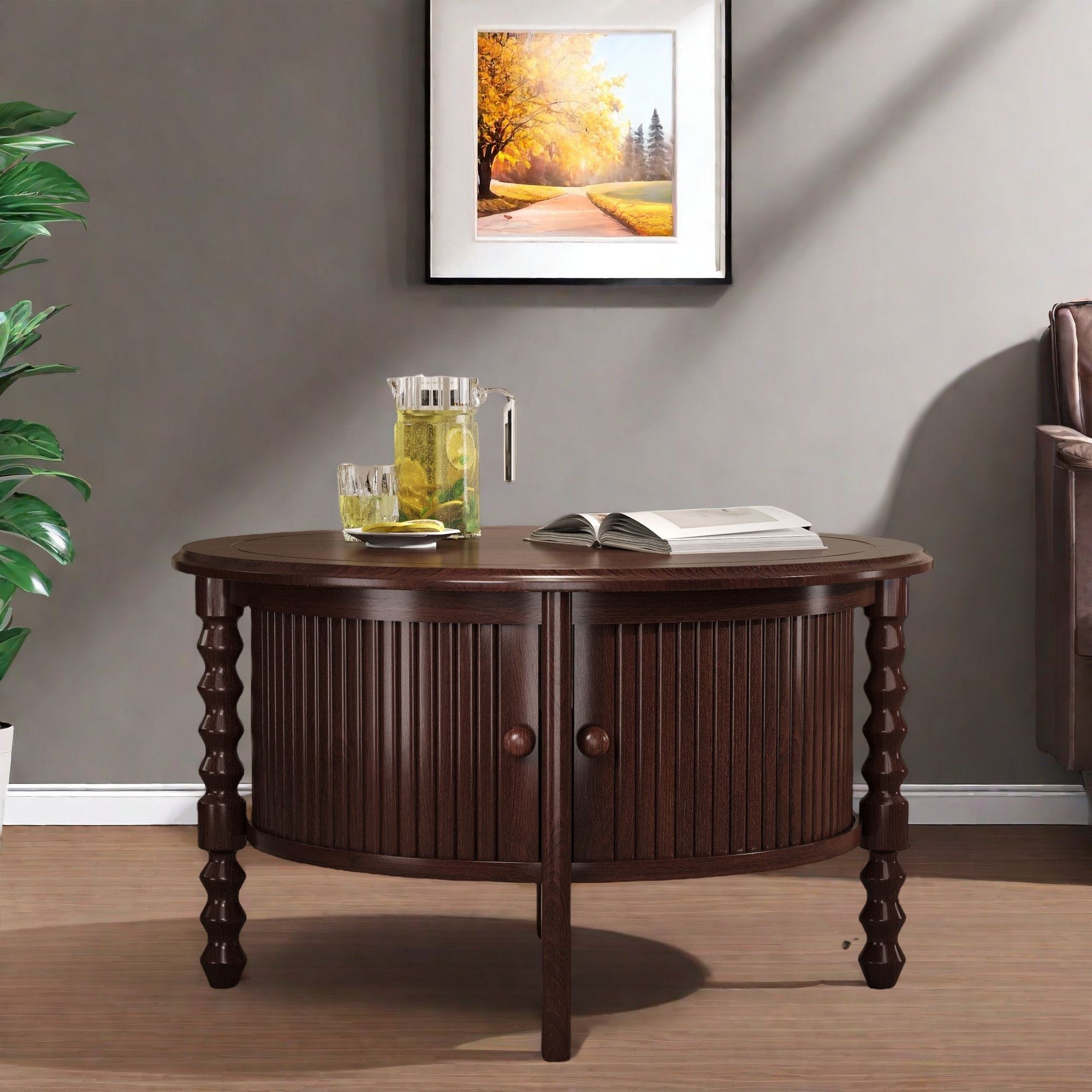 Darby Home Co Mid-Century Modern Round Coffee Table with Sliding Door ...