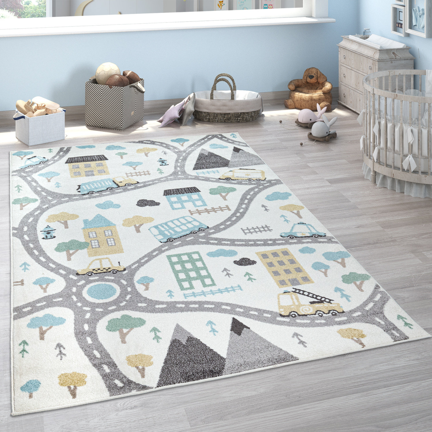 Paco Home Nursery Rug With Streets Cars And Trees Motif In Pastel ...