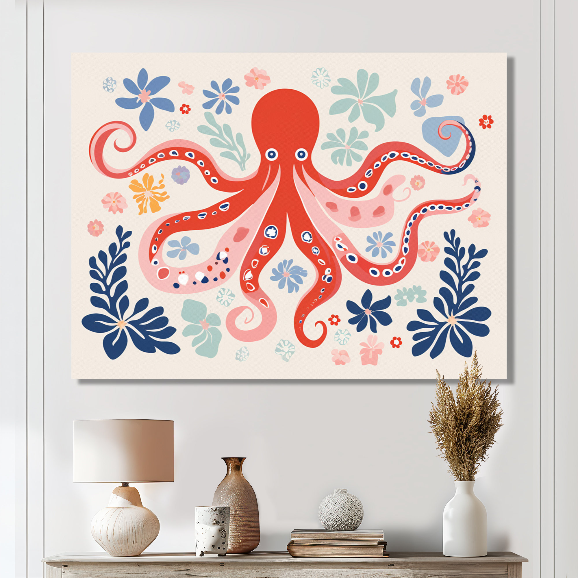 Breakwater Bay Deep Ocean Red Octopus Retro Illustration - Octopus ...
