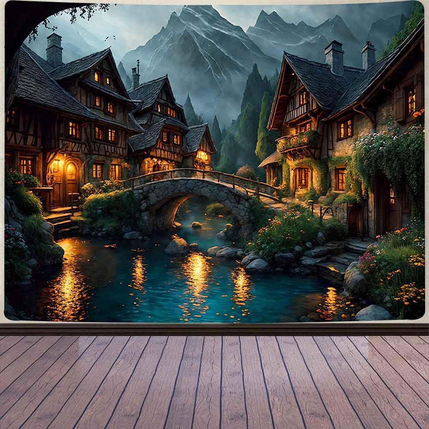 East Urban Home Fairytale World Scenery Tapestry Town River Bridge ...
