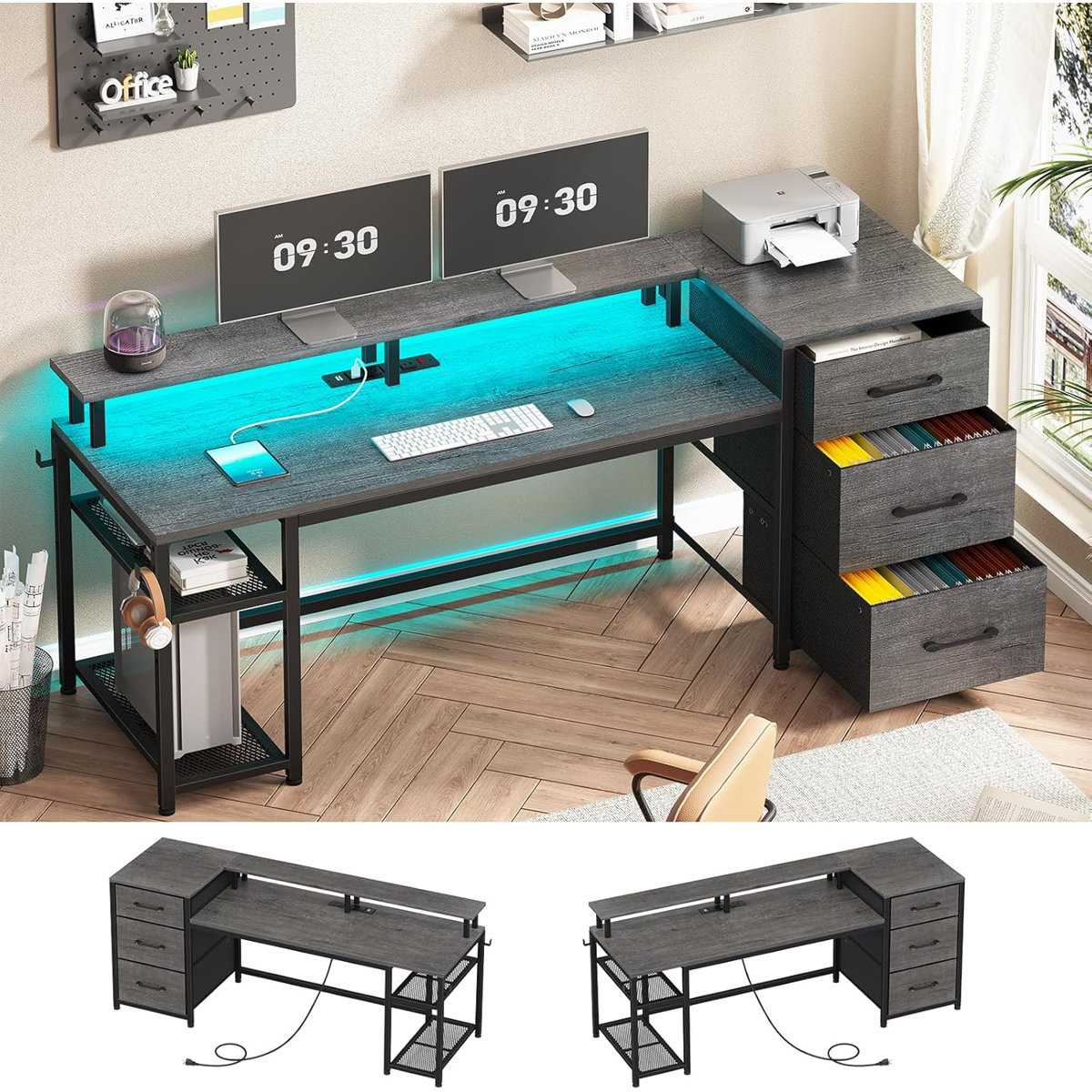 Wrought Studio™ 59" Office Desk With Drawers, Reversirble Computer Desk ...