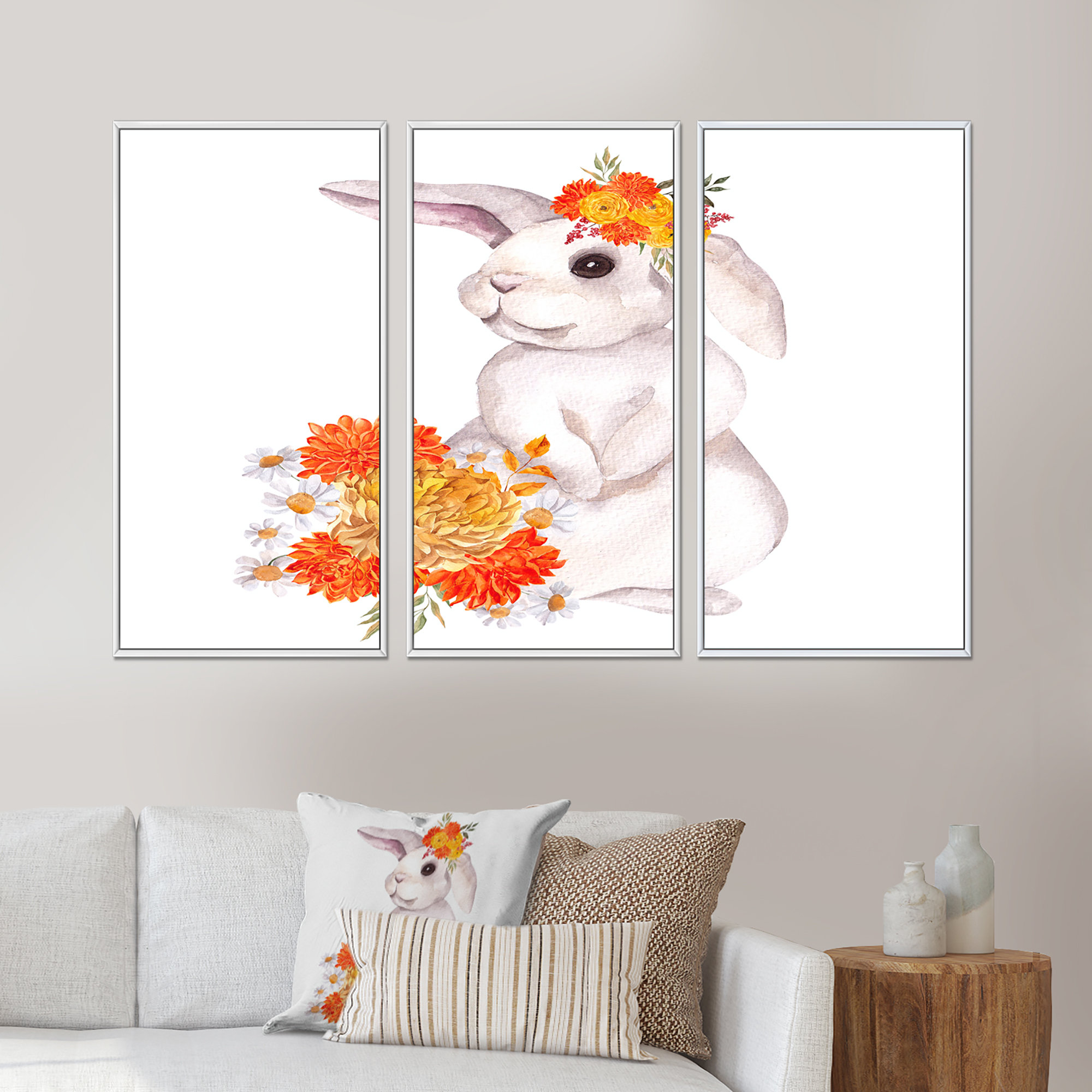 August Grove® Cute Bunny And Fall Flowers And Leaves II - 3 Piece ...