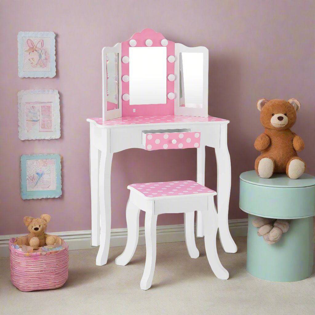 Teamson Kids Polka Dot Kids Vanity Table with Lights | Wayfair