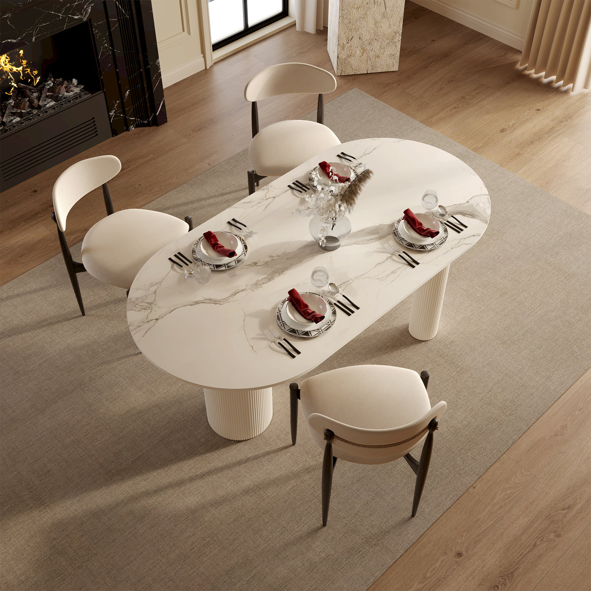 Orren Ellis Lexly Pedestal Modern Cream Color Dining Table, Roman ...