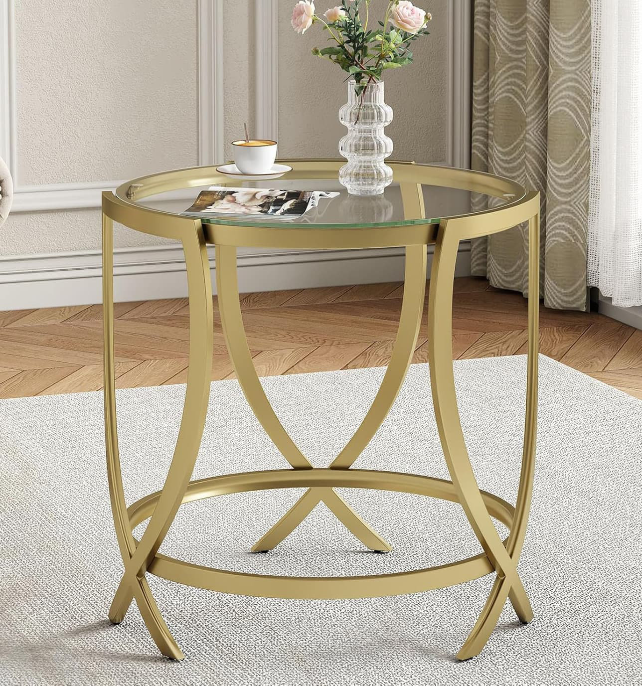 Everly Quinn Gold Metal Frame Round End Table with Tempered Glass ...