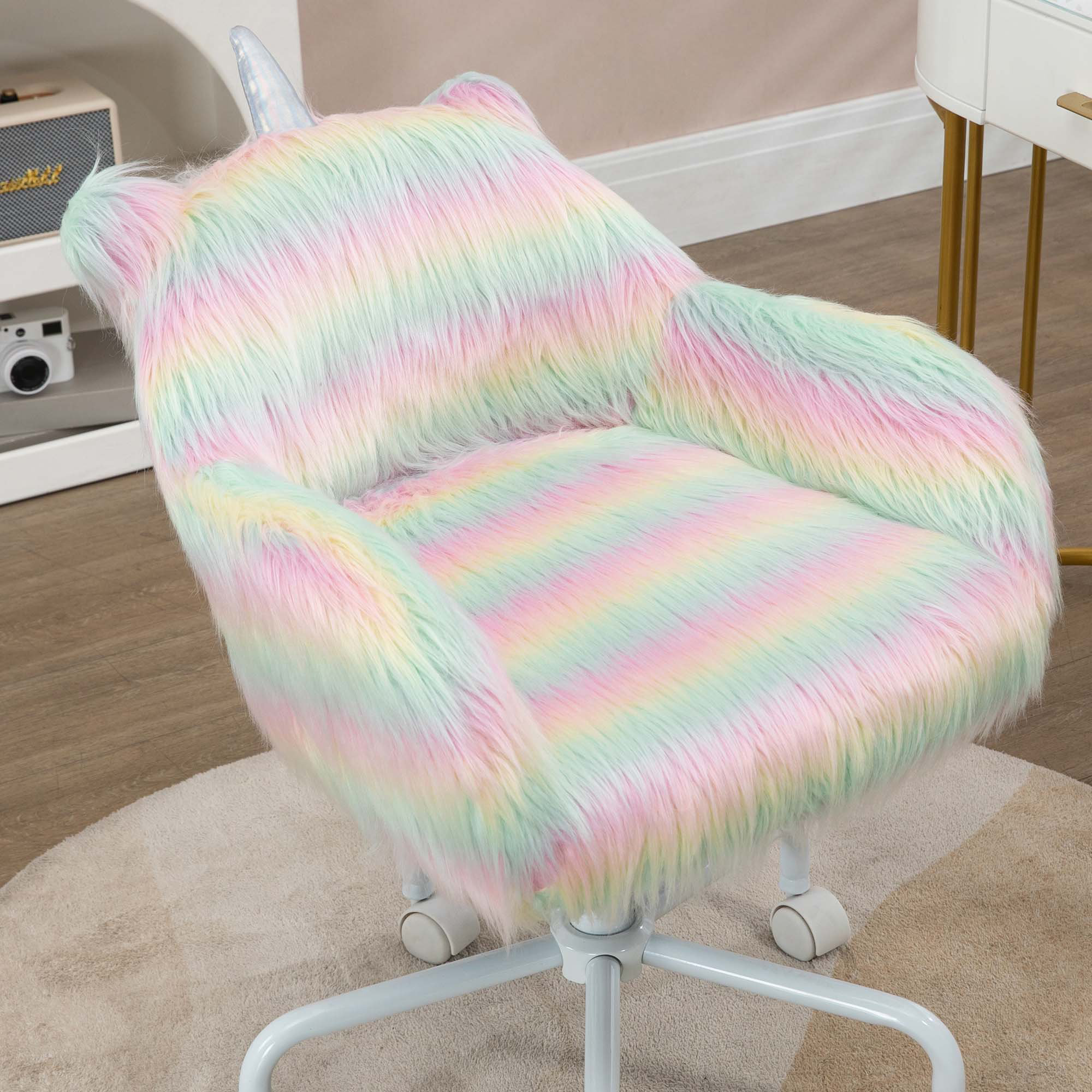 Everly Quinn Fluffy Unicorn Office Chair With Mid-Back And Armrest Support,5 Star Swivel Wheel ...