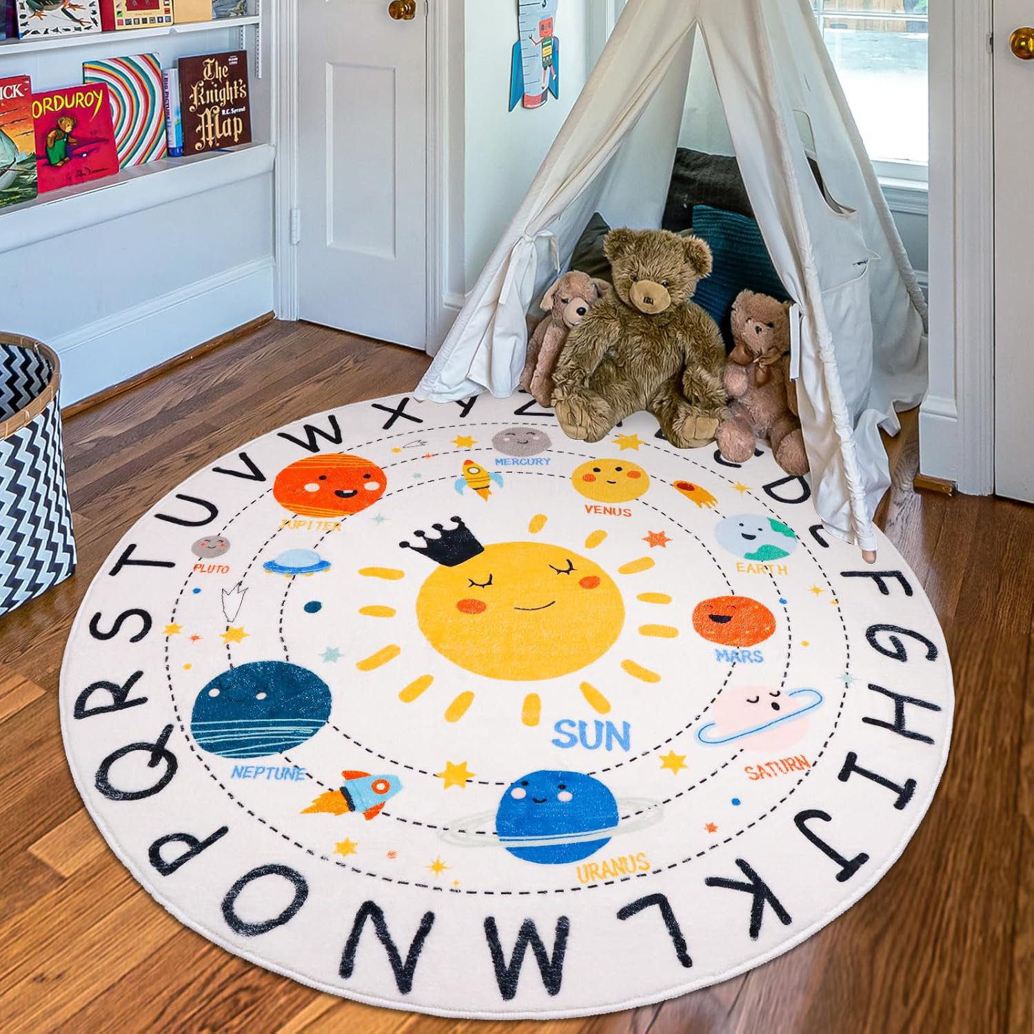 WINUAL ABC Kids Rug,4 Ft Washable Nursery Rug,Soft Plush Educational Circle Rug,Non-Slip Solar ...