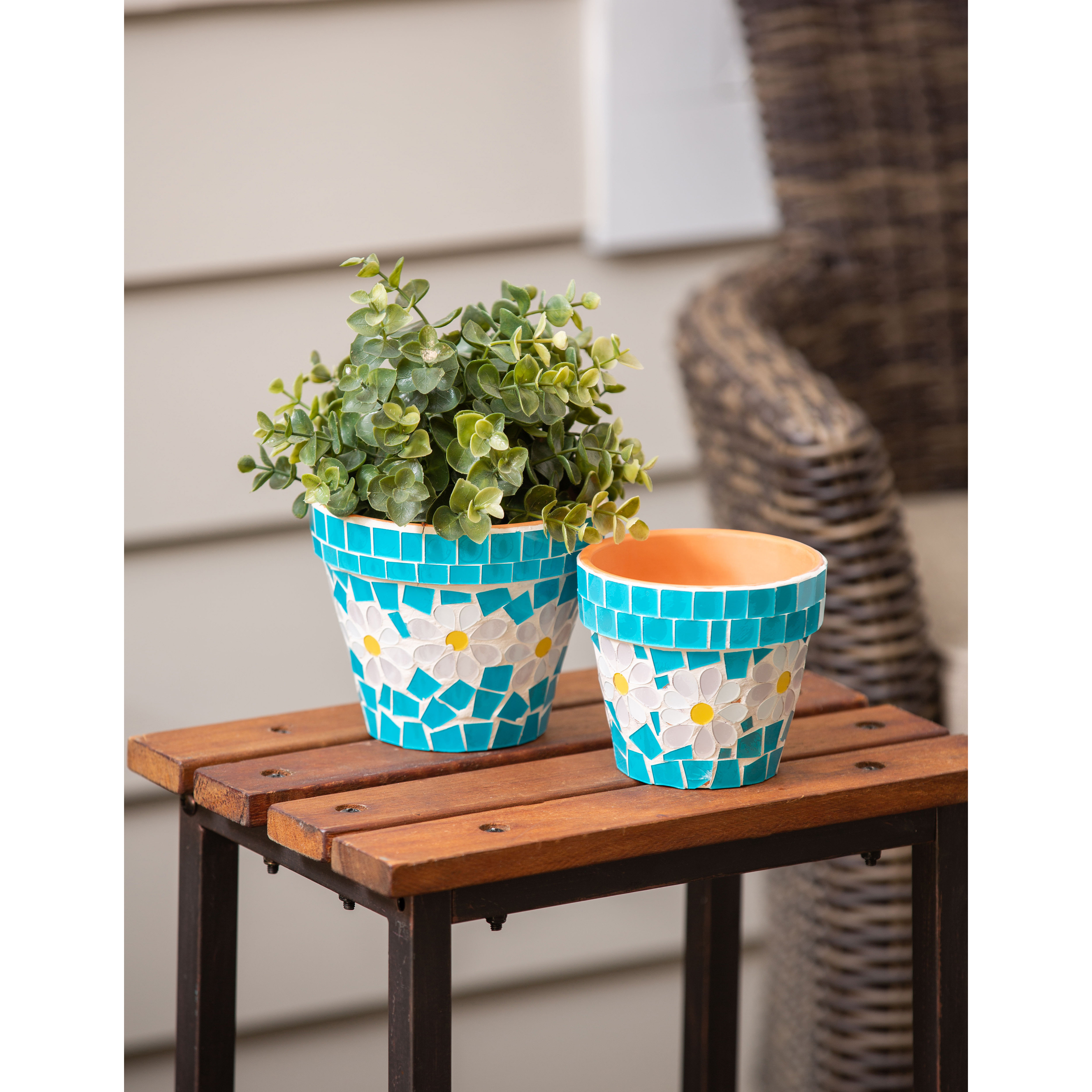 Ebern Designs Elsing White Flower Mosaic Terracotta Cachepot, Set of 2 ...