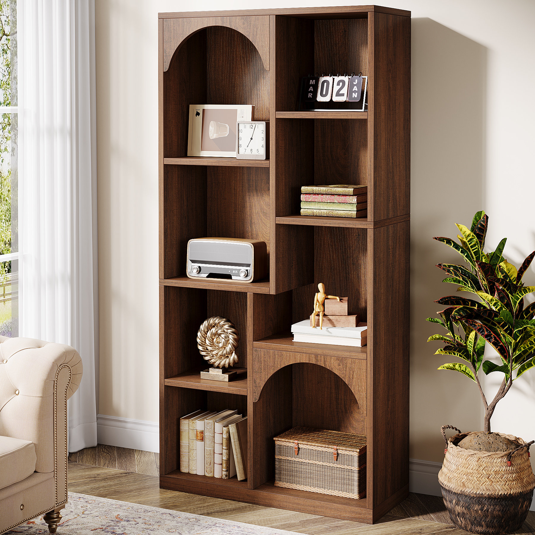 Ebern Designs 7-tier Tall Arched Bookcase, Farmhouse Wood Bookshelf ...