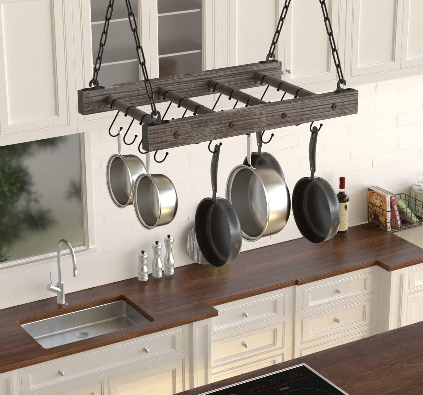 Mint Pantry® Rustic Wood and Metal Hanging Pot Rack: Wall-Mounted or ...