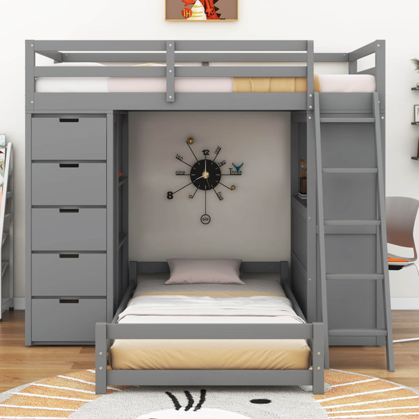 Harriet Bee Lits superposés en L à 3 tiroirs avec bureau intégré ...