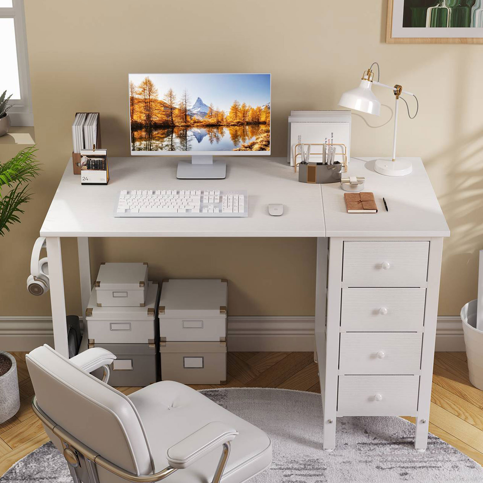 Ebern Designs Computer Desk with 4 Drawers, Fabric Drawers Writing Desk ...