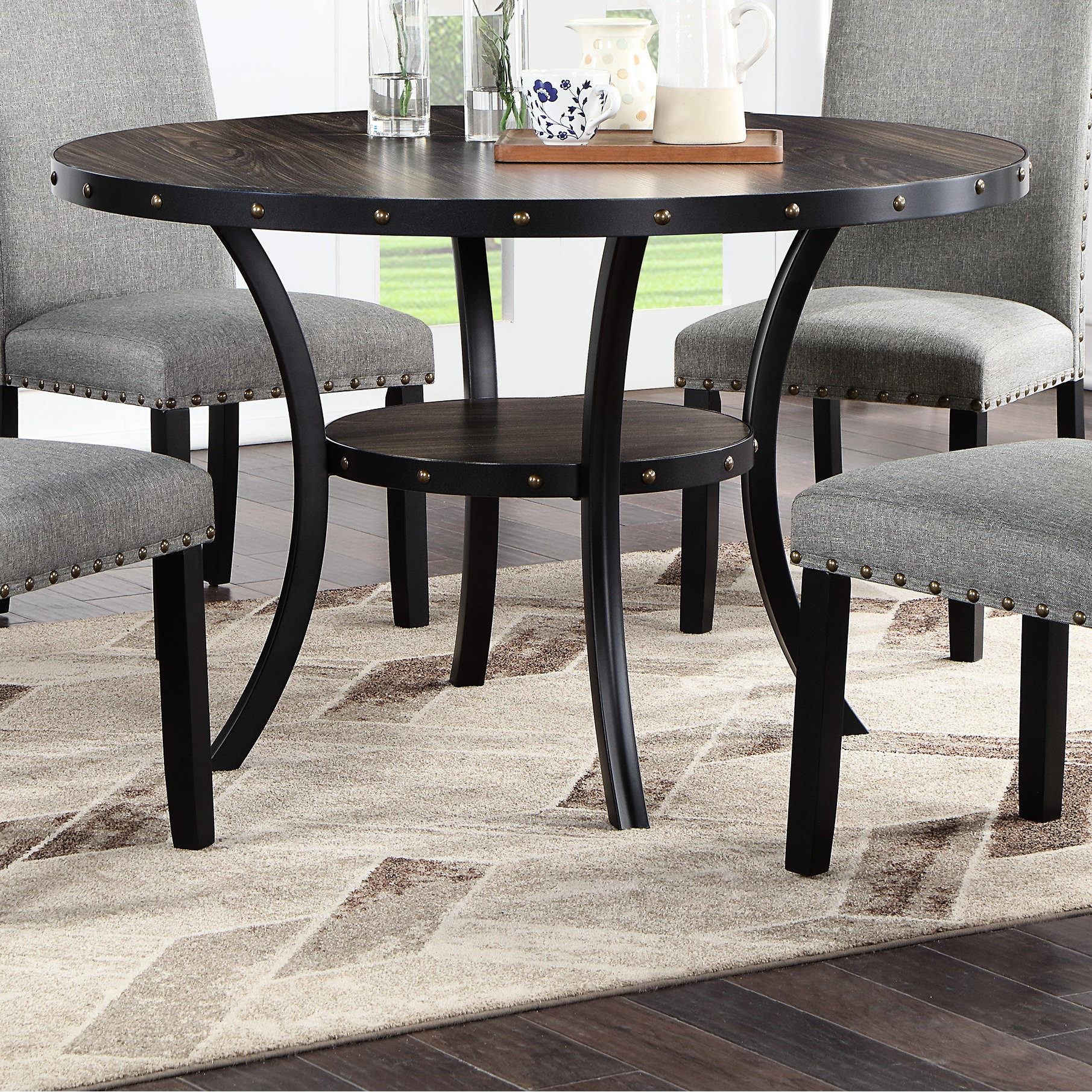 Red Barrel Studio 5pc Dining : 48" Round Wood Table, 4 Chairs With Grey ...