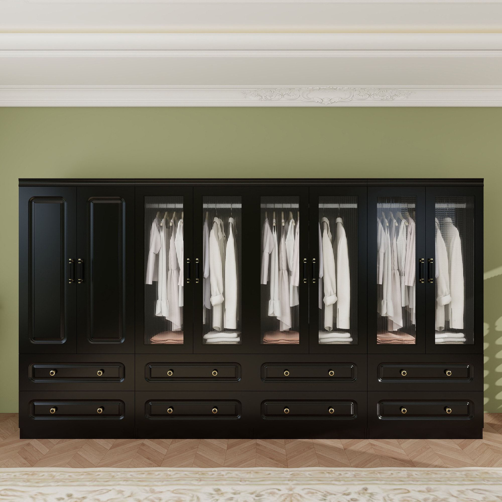 Red Barrel Studio® Black Armoire Wardrobe Closet With 8 Doors, Gold ...