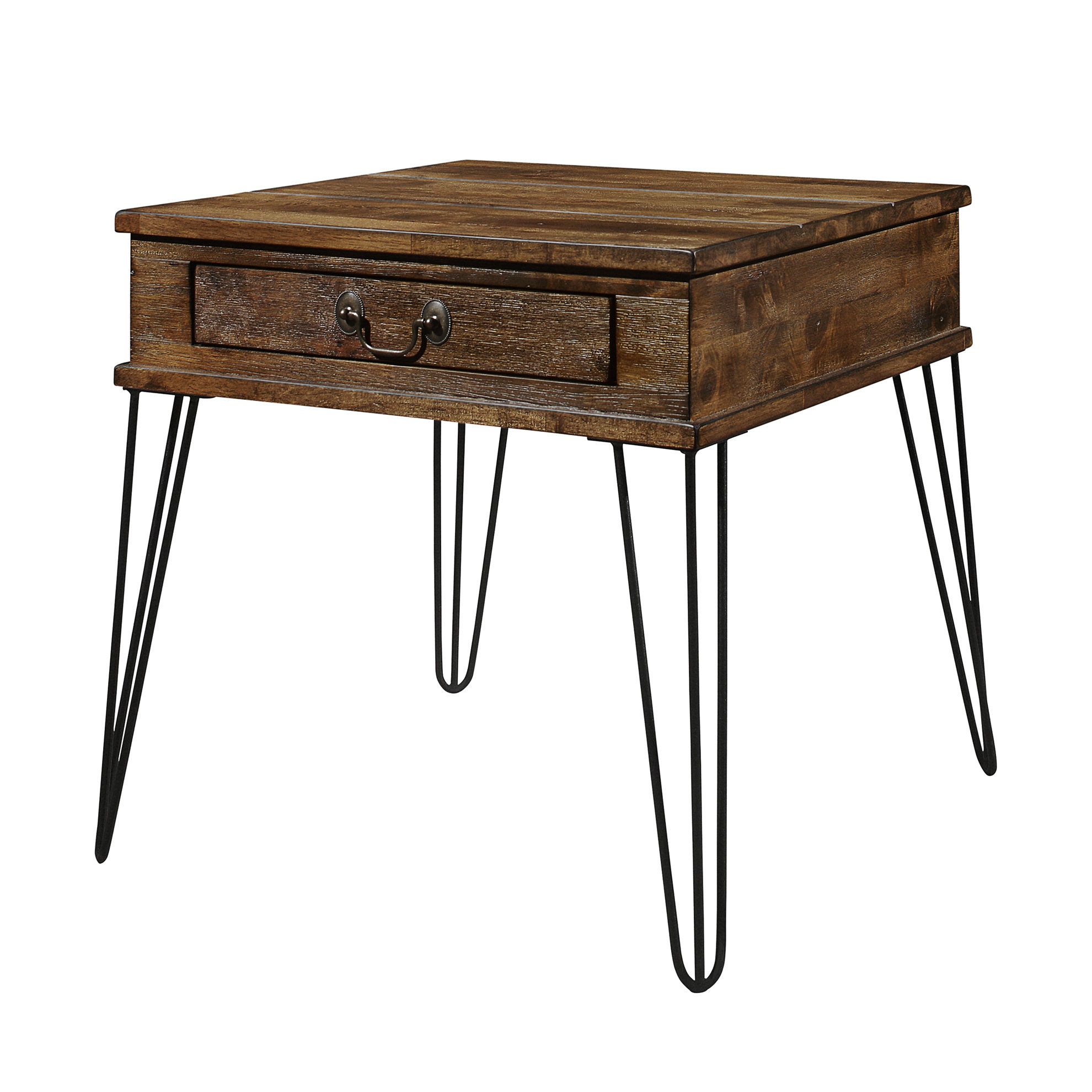 17 Stories Rustic Oak And Black Finish Classic End Table With Drawer Metal Legs Solid Wood ...