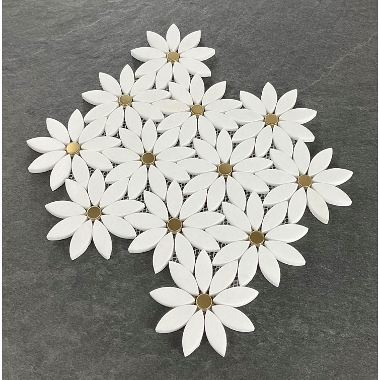ES Stone 4" x 4" Thassos White Marble & Gold Metal Daisy Pattern Mosaic ...