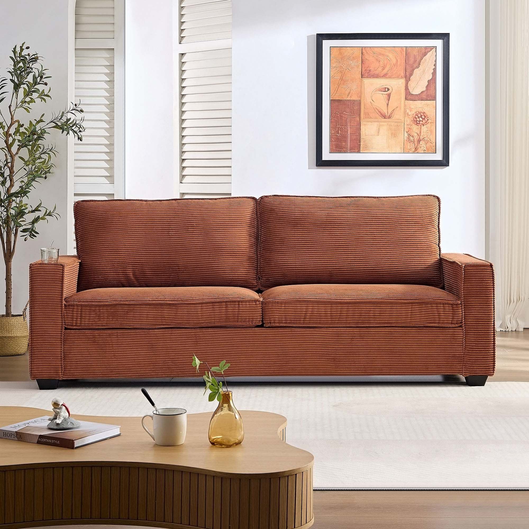 Ebern Designs Canapé confortable en velours côtelé avec porte-gobelet ...