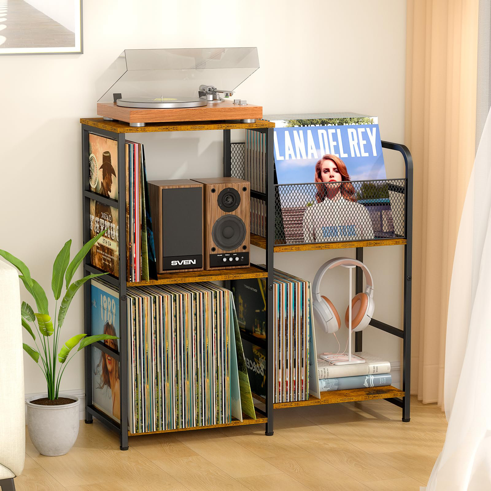 17 Stories Adjustable-Side Record Player Stand With 2-Tier & 3-Tier Vinyl Storage | Wayfair