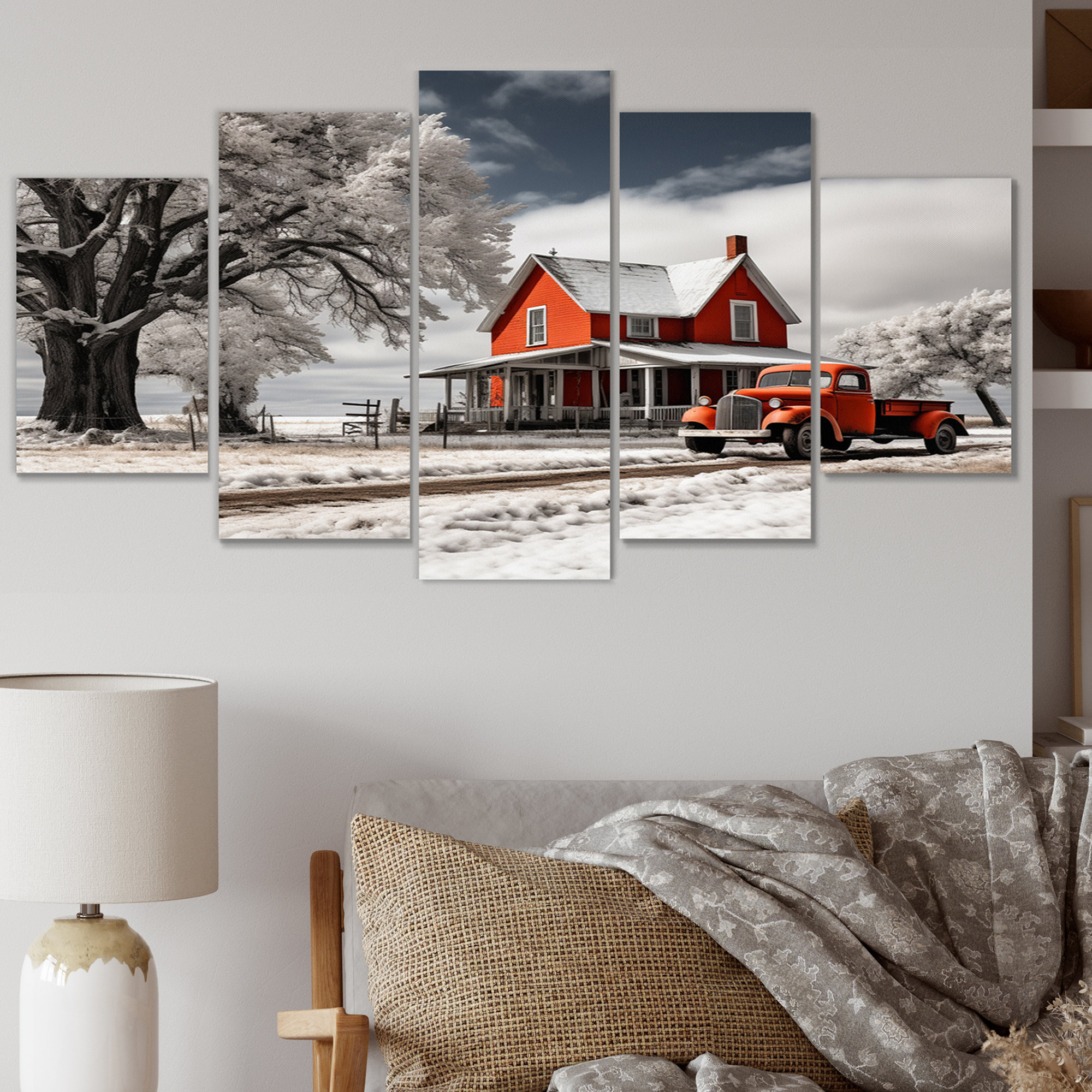 Design Art Red Turck On Farmhouse Country Winter - Farmhouse Metal Wall ...