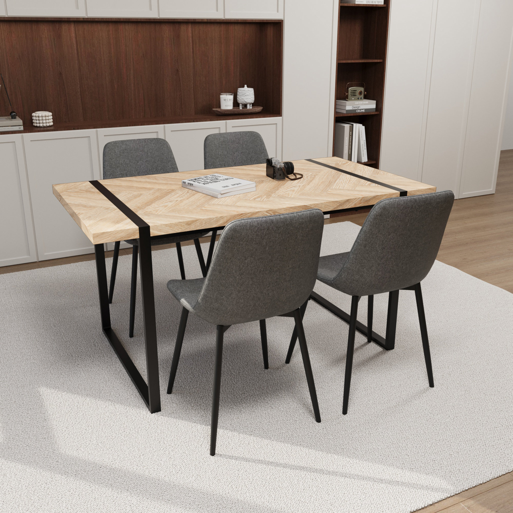 17 Stories 59" MDF Light Wood Dining Table And Modern Dining Chair Set ...