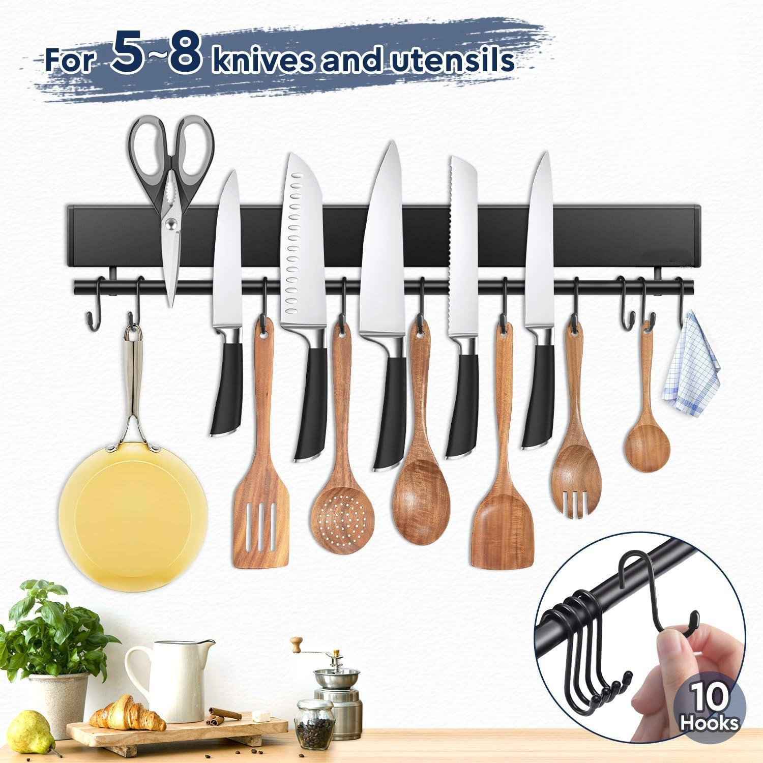 Runbang 17 Inch Magnetic Knife Holder With 10 Hooks, No Drilling Black ...