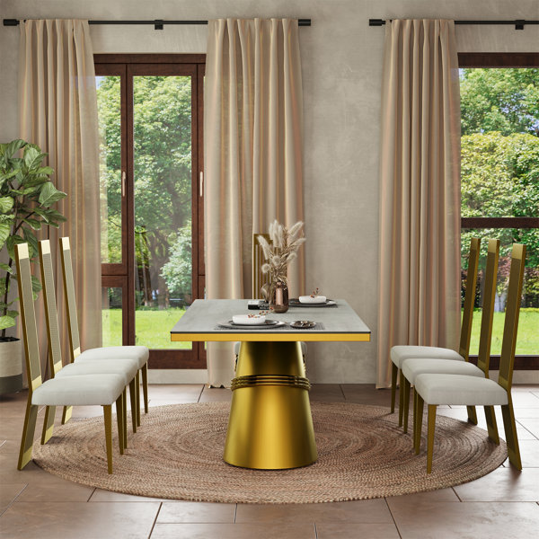 Everly Quinn Large Brushed Gold Dining Table with 78 inch Glass Top and ...
