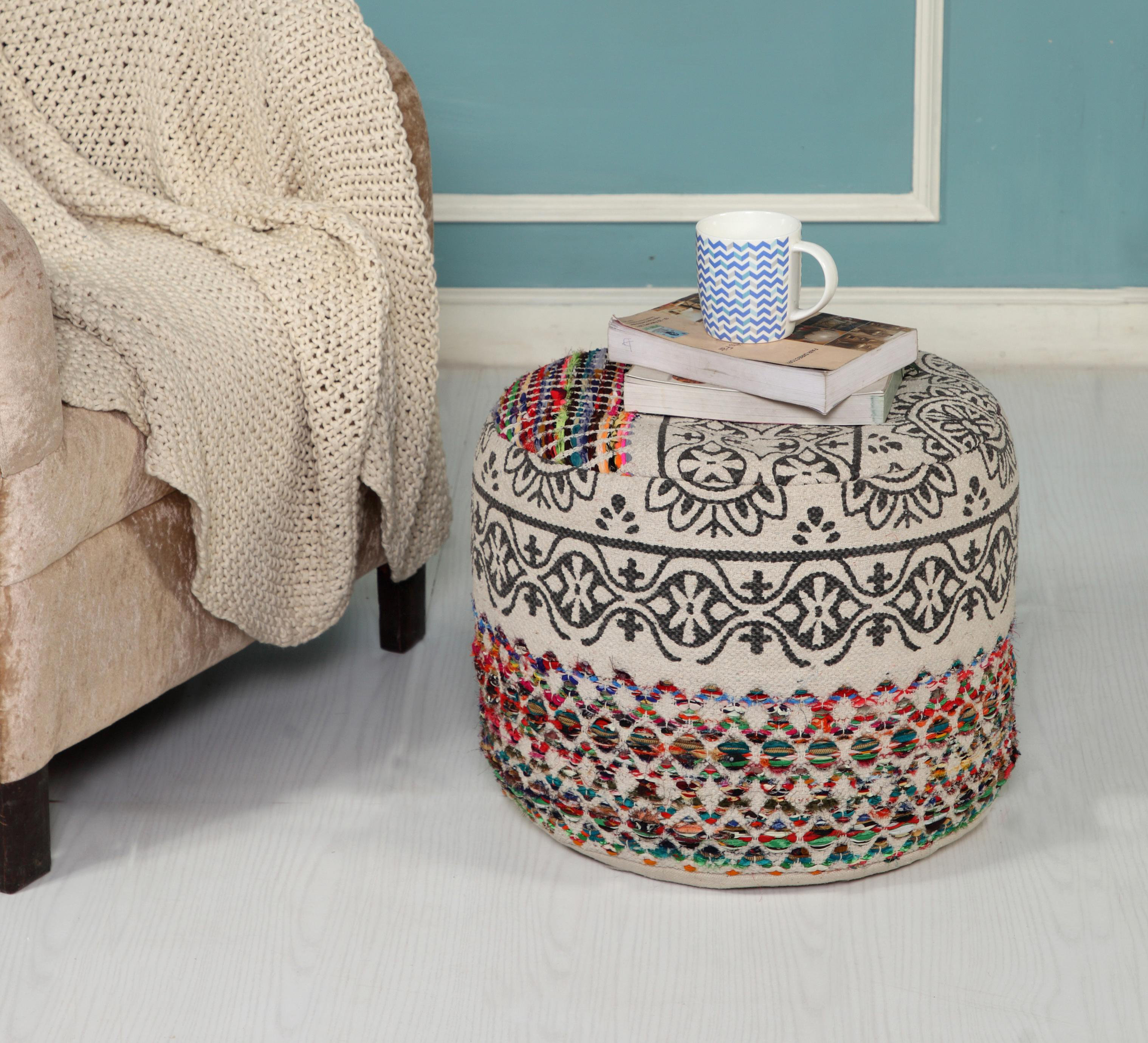 Evette Rios Poufs Boho Hand-Made 18" Round Geometric Ottoman Pouf ...