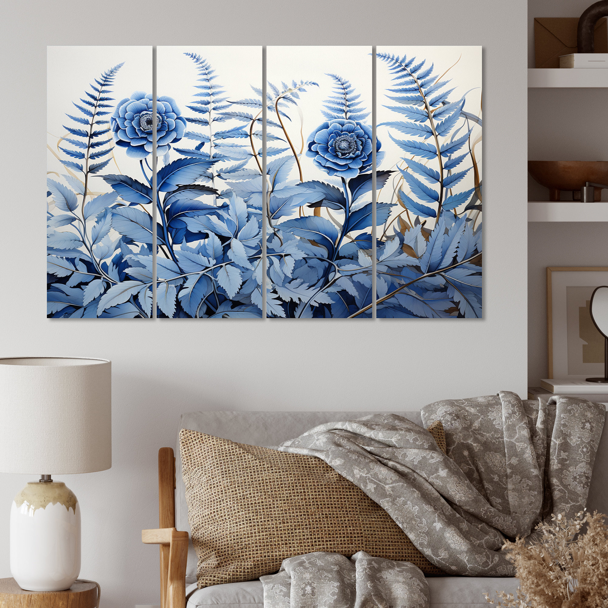 Design Art Blue Ferns Cobalt Serenade I - Floral Wall Decor - 4 Panels ...