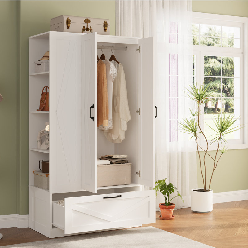 Winston Porter Scottie 2-Door 1 Drawer Wooden Wardrobe With 4 Open ...