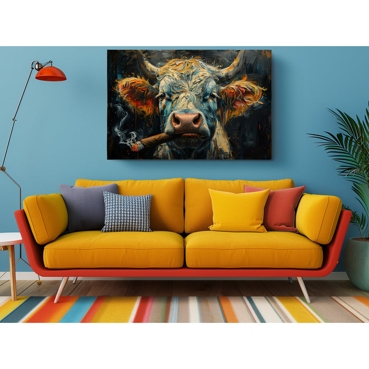 Trinx Cow Smoking Cigar Canvas Print, Modern Wall Art Decor for Home ...