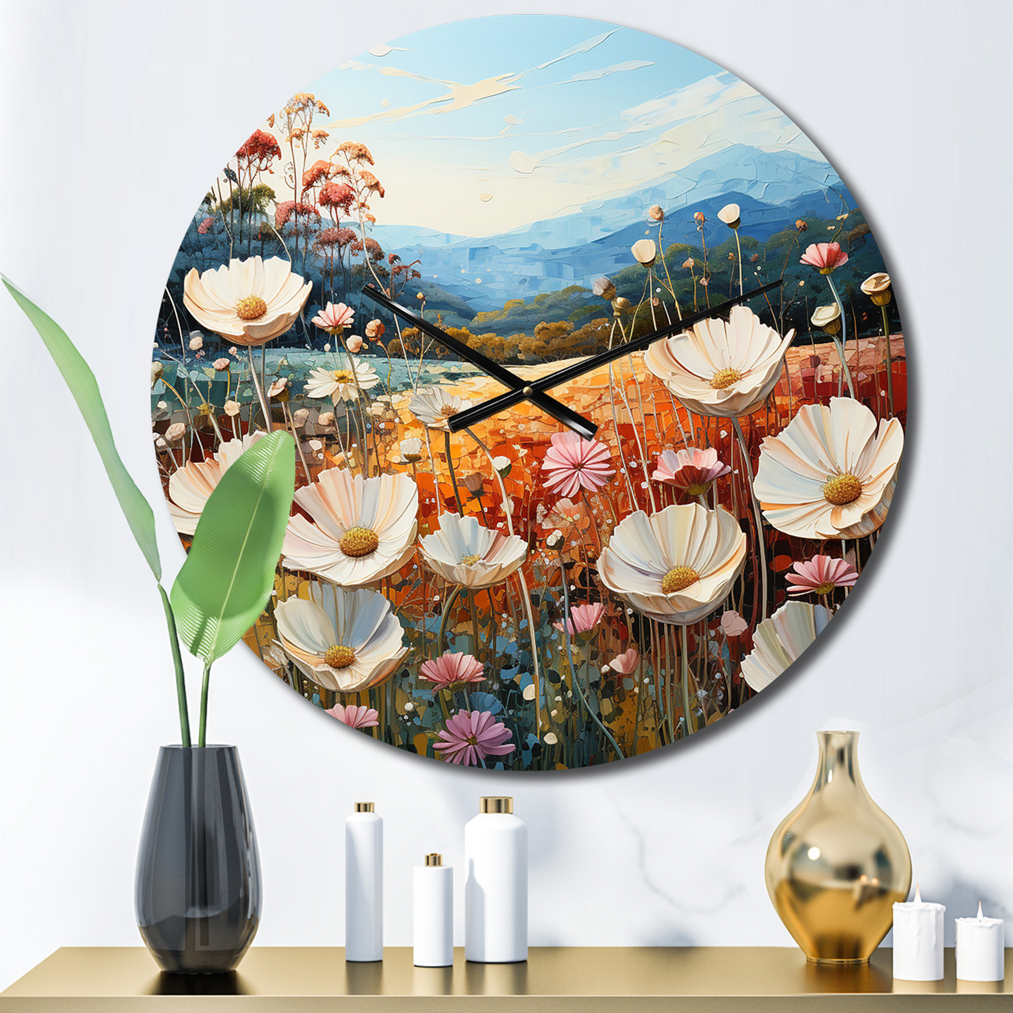 East Urban Home Seasonal Flowers Field Pointillism - Floral Wall Clock ...