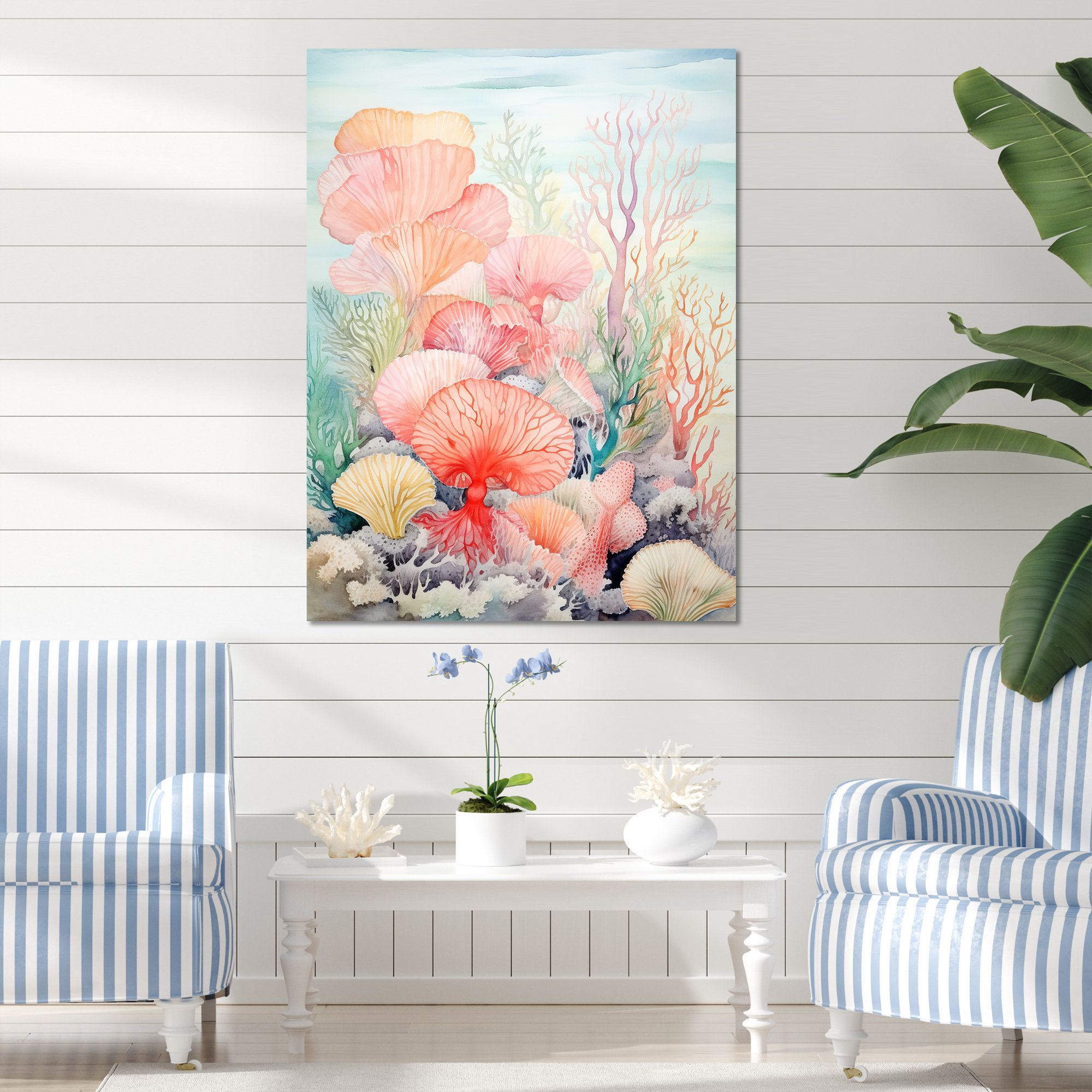 Design Art Pastel Colors Watercolor Corals - Beach & Ocean Canvas Print ...