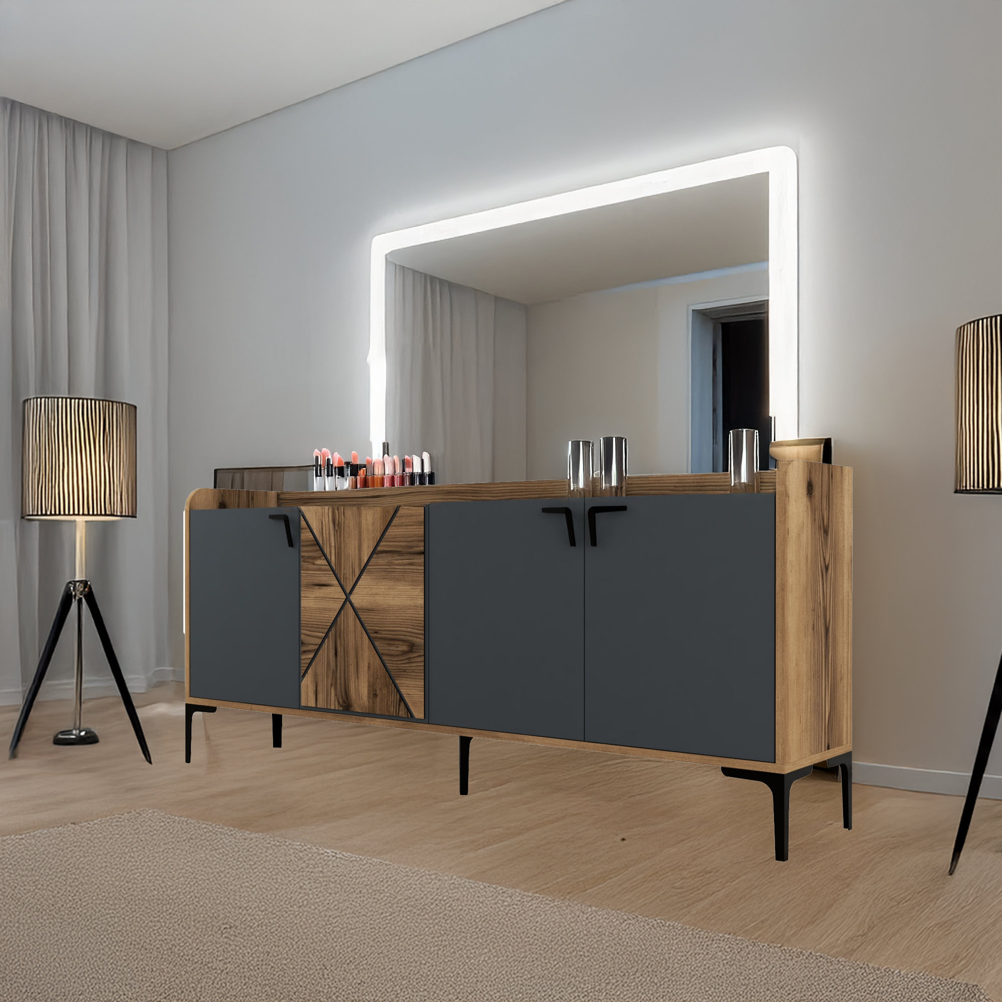 Orren Ellis 70.9'' Wide Rectangle 4 Cabinets Metal Handle Console Table ...