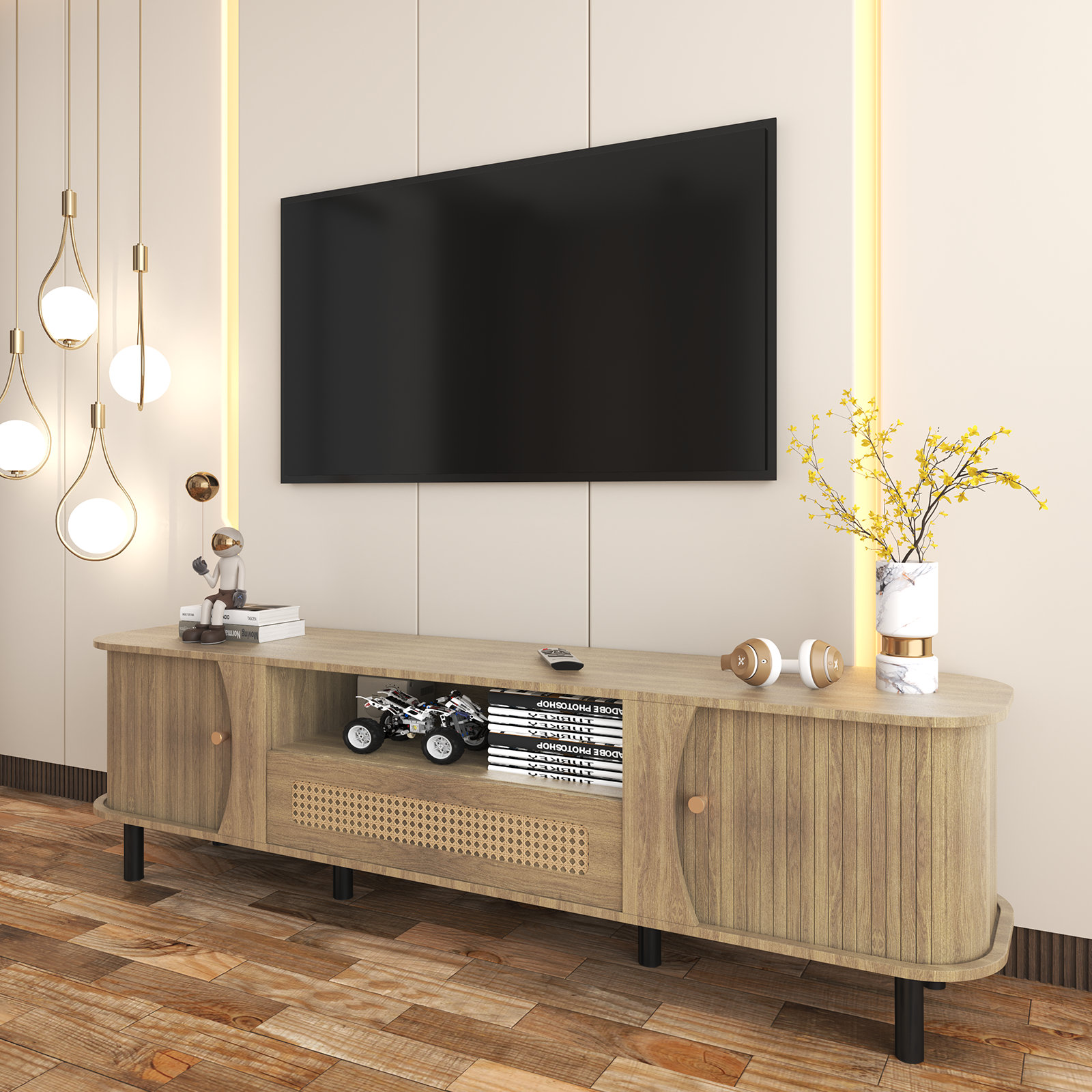 Ebern Designs Fluted TV Stand - Modern Freestanding Home Entertainment ...