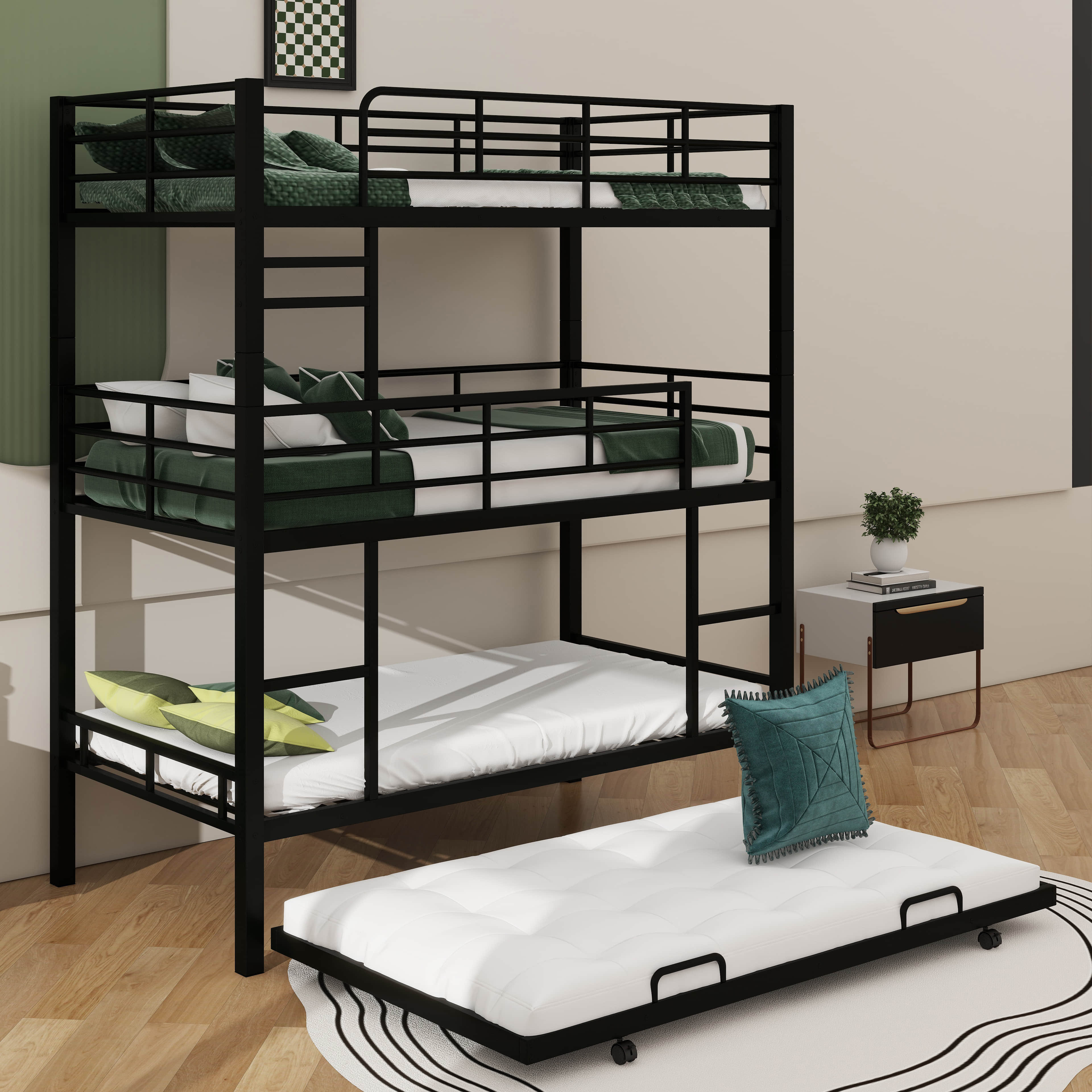 Harriet Bee Triple-Decker Metal Twin Bunk Bed With Pull-Out Trundle ...