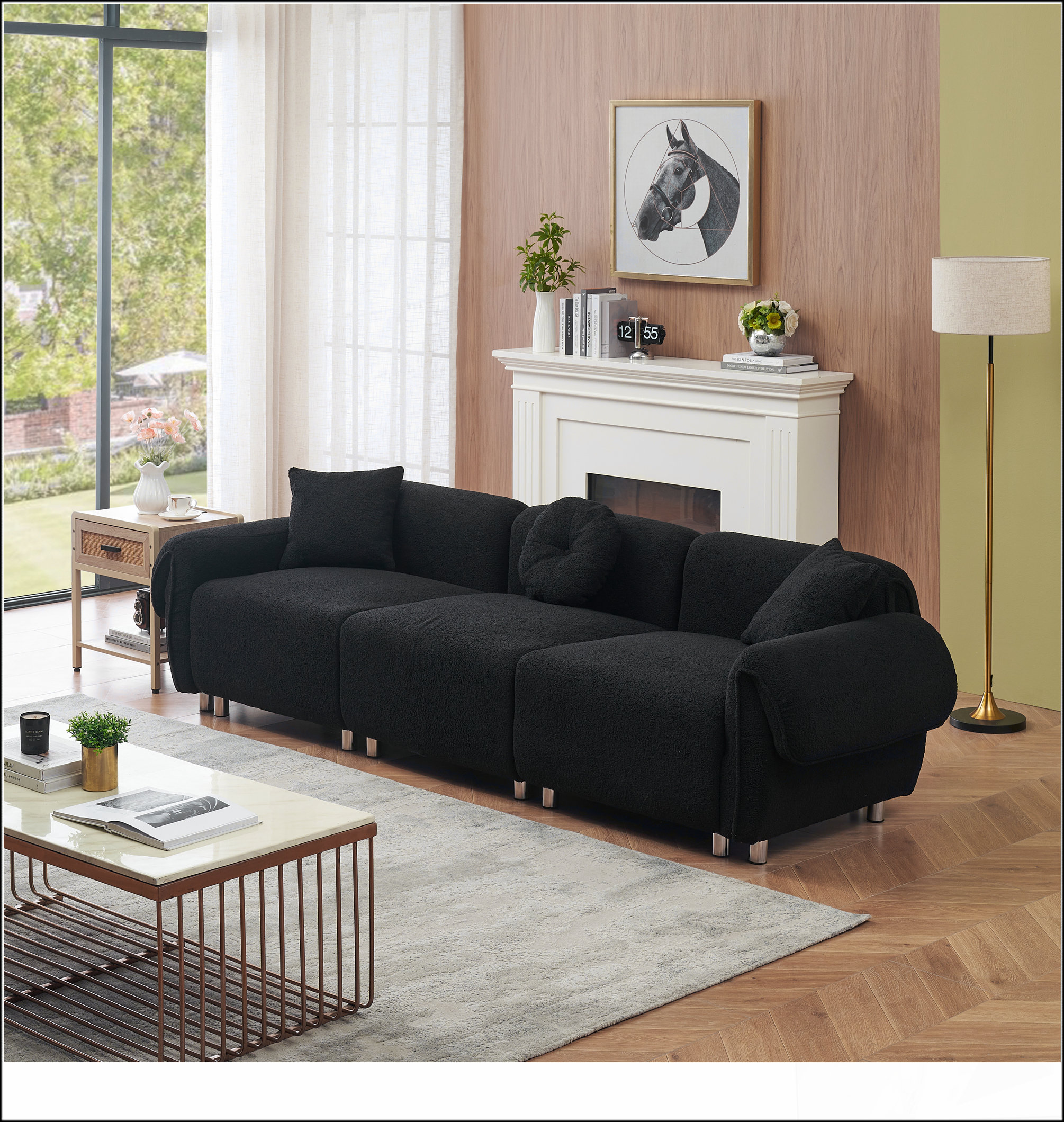 Mercer41 Teddy velvet fabric, with 3 pillows, three-person sofa ...