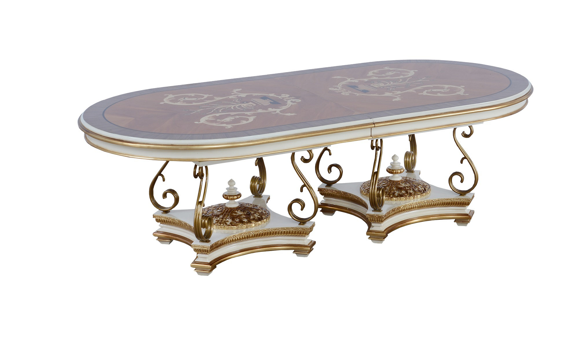 European Furniture Valentina Dining Table with Beige and Dark Gold Leaf ...