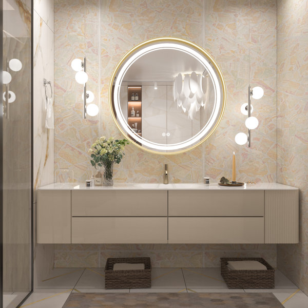 Latitude Run® Lawnmount Round Vanity Mirror LED Lighted Metal Wall ...