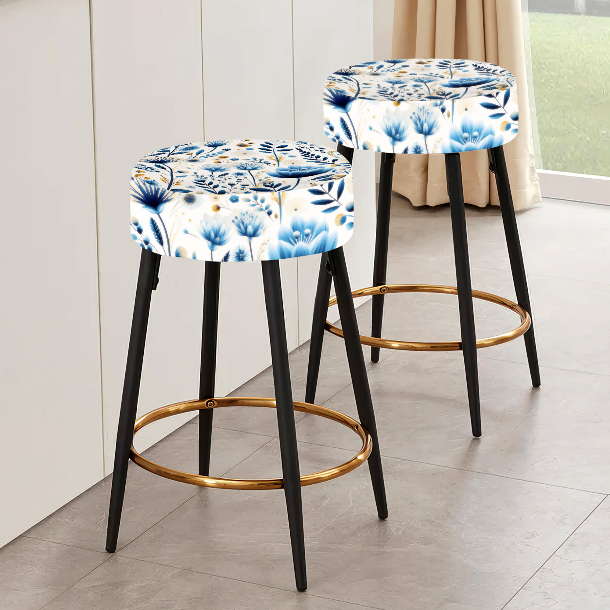 Design Art Nordic Blue Bloom Scandinavian Floral - Floral Bar Stools ...