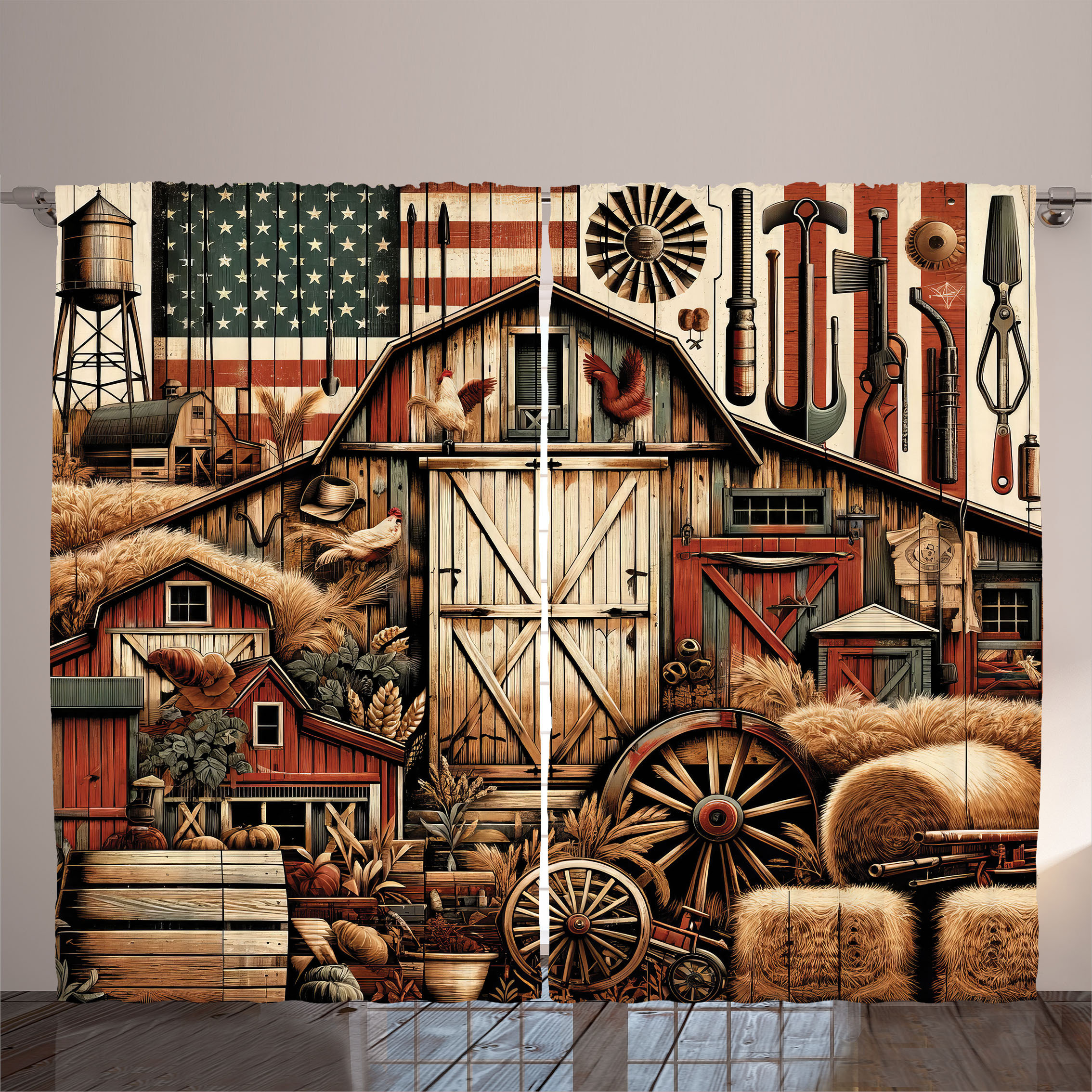 Ambesonne Curtains 2 Panel Set, American Barn Western Farm, Paprika ...
